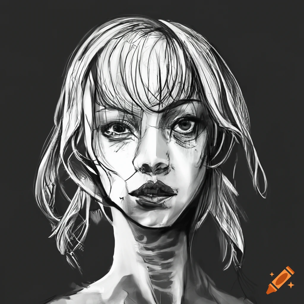 Black and white sketch of a japanese RPG character on Craiyon