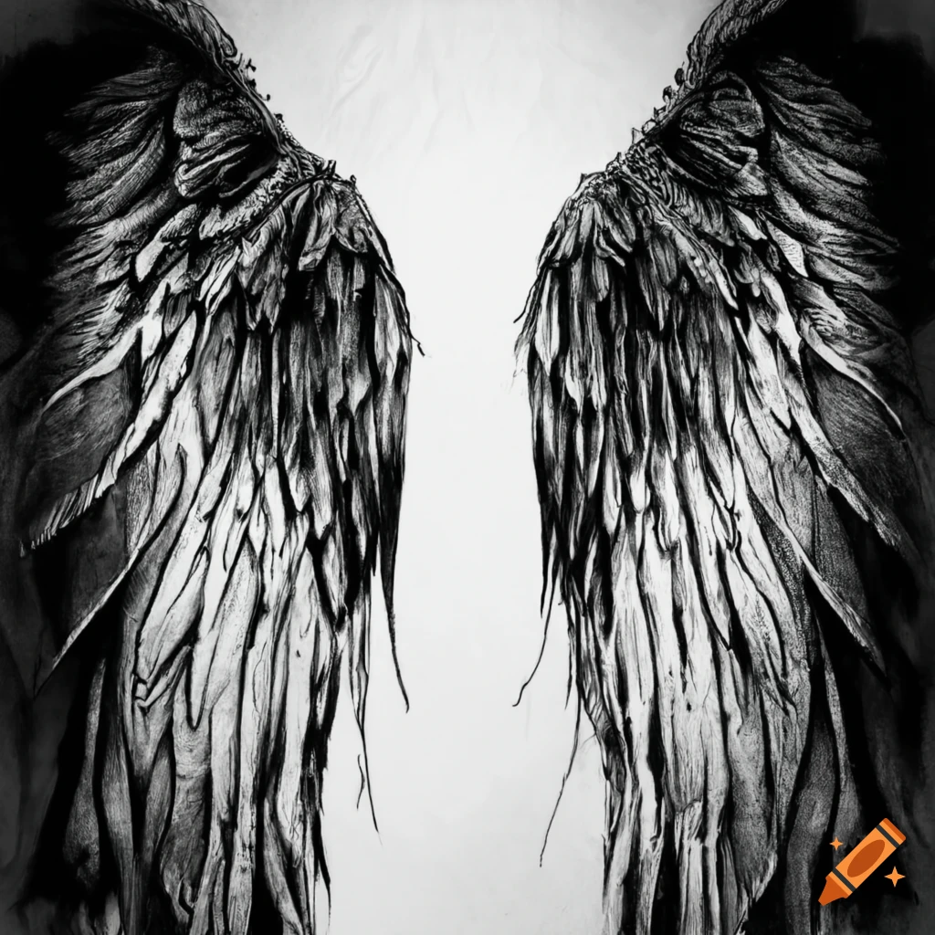 Black ink drawing of angel wings