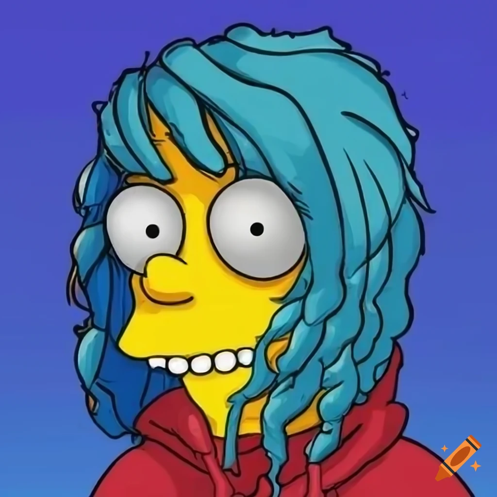 Woman with blue hair in simpsons style hoodie on Craiyon