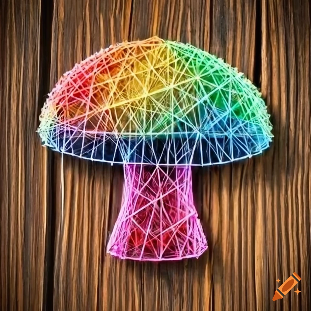 Colorful string art mushroom on wooden wall on Craiyon