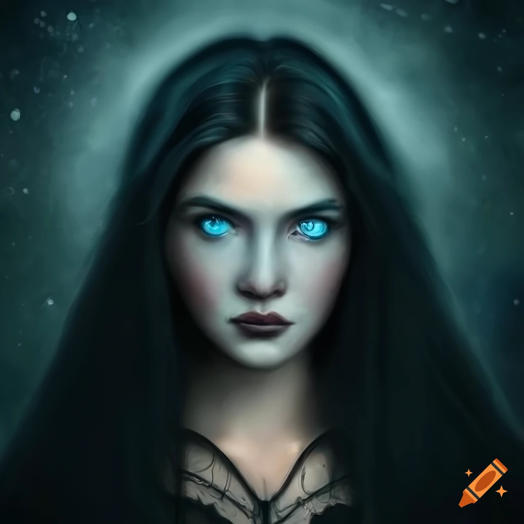 Portrait of a captivating witch with long black hair and blue eyes on ...