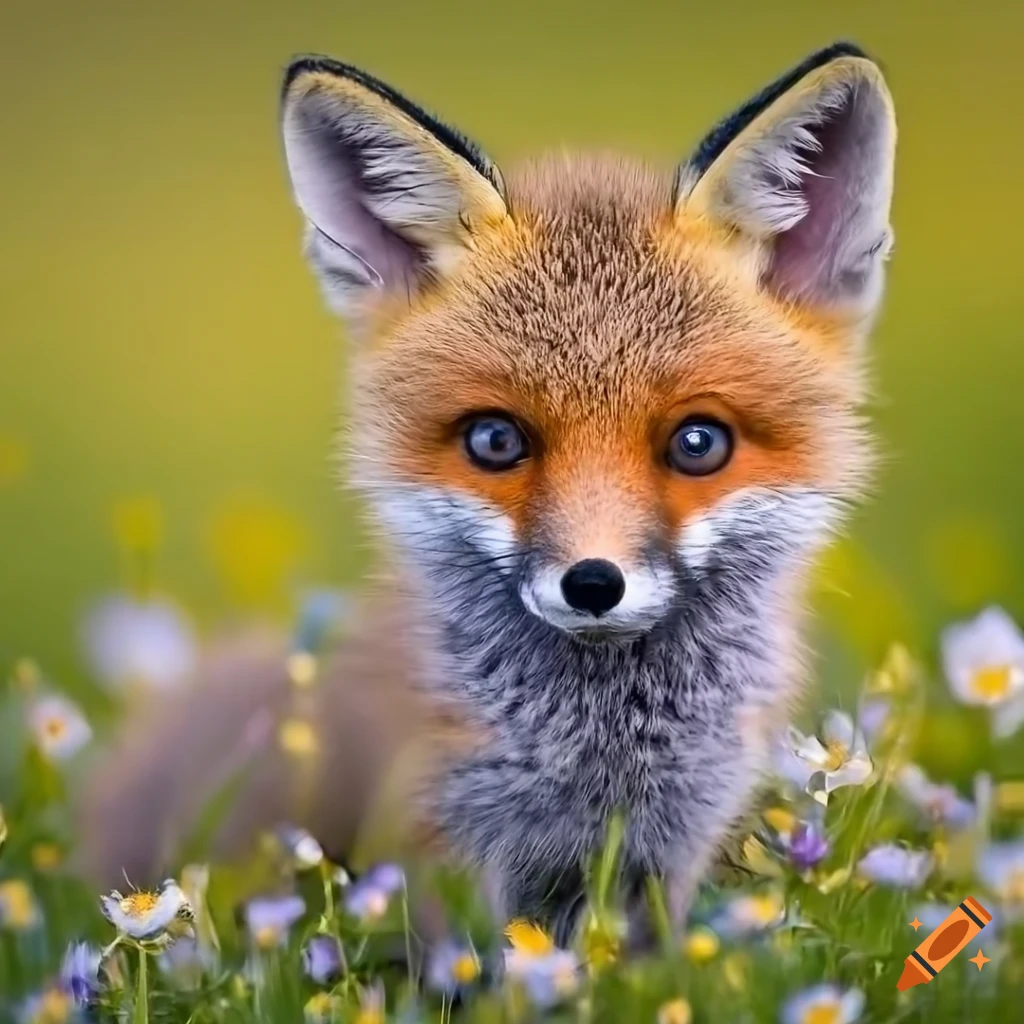 Photograph of a cute baby fox in a flower field on Craiyon