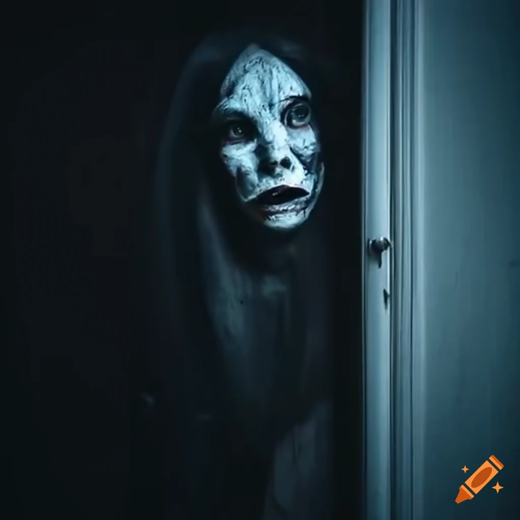 Haunting face behind a partially open bedroom door on Craiyon