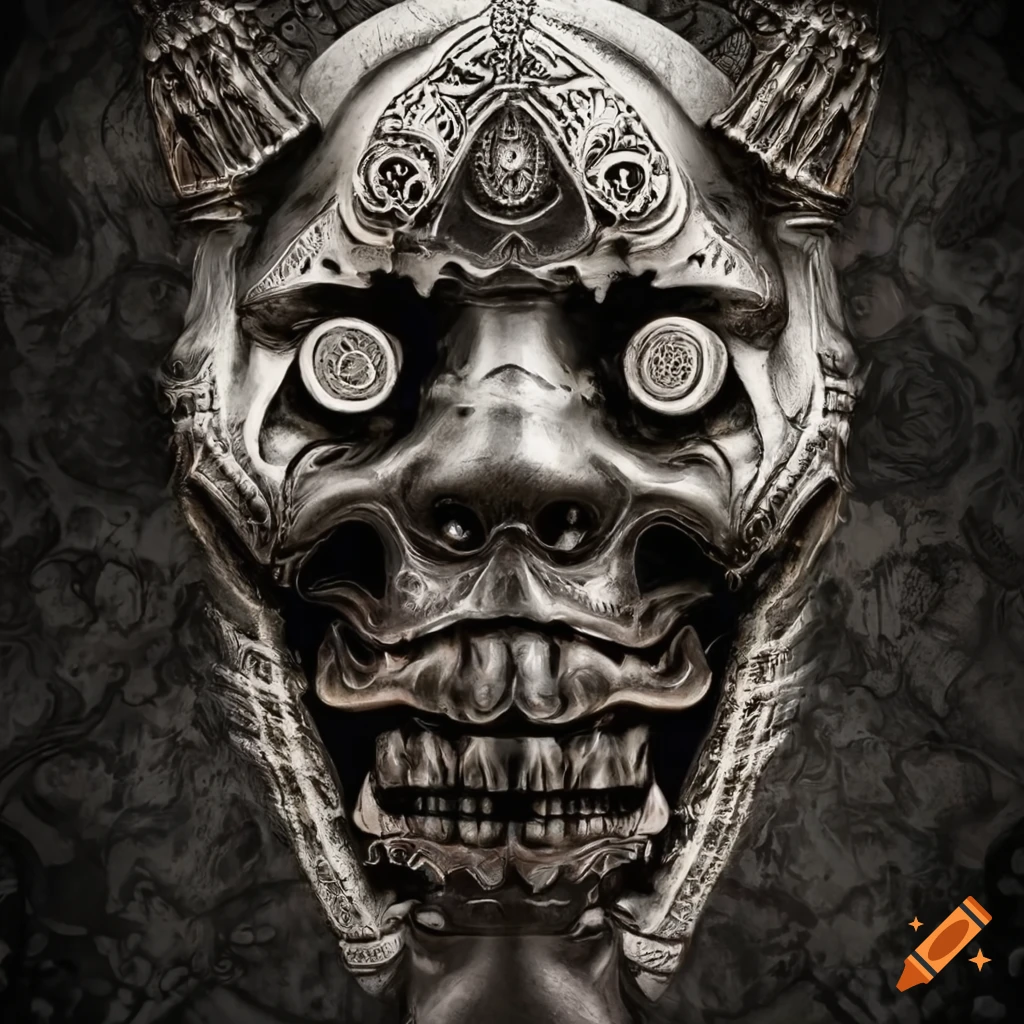 Tungsten render of a biomechanical Japanese death mask with traditional ...