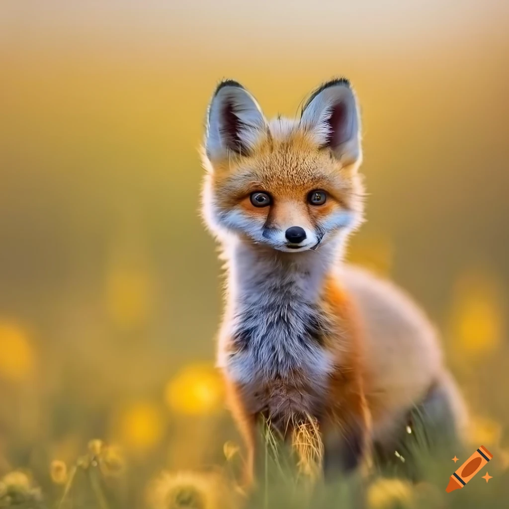 Dramatic photo of a cute baby fox in a flower field on Craiyon