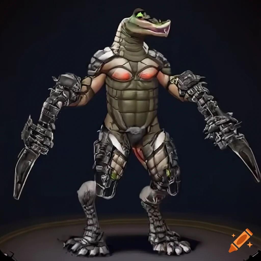 High-definition image of an anthropomorphic alligator cyborg