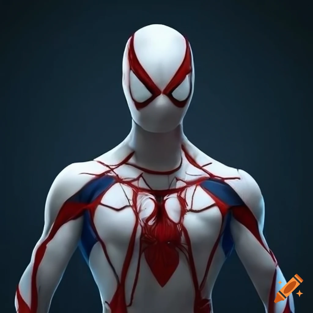 Detailed illustration of a white-suited spider human hero on Craiyon