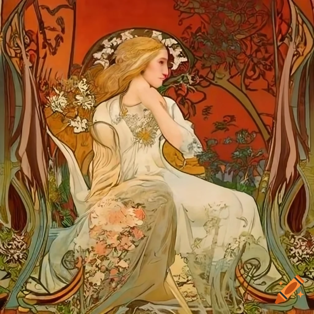 Painting of two angels in a nature scene inspired by Alphonse Mucha on ...