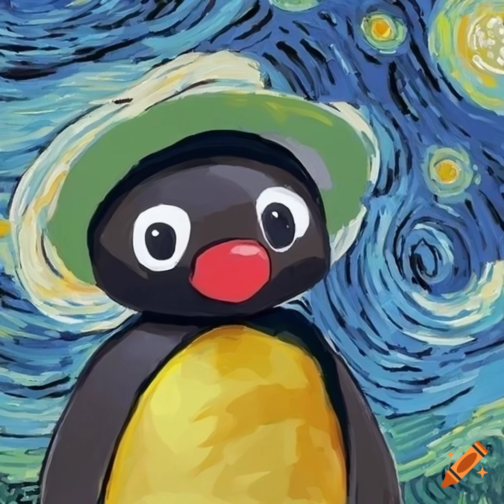 Pingu in "Starry Night" style with bucket hat on Craiyon