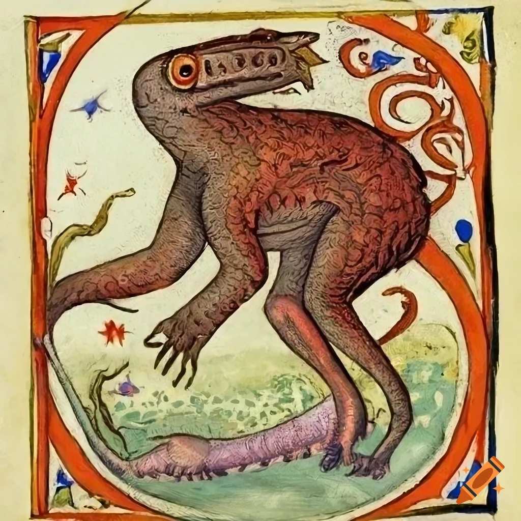 Color illustration of creatures from a Medieval Bestiary on Craiyon