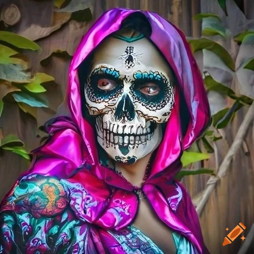 Colorful depiction of a santa muerte skull-lady on Craiyon