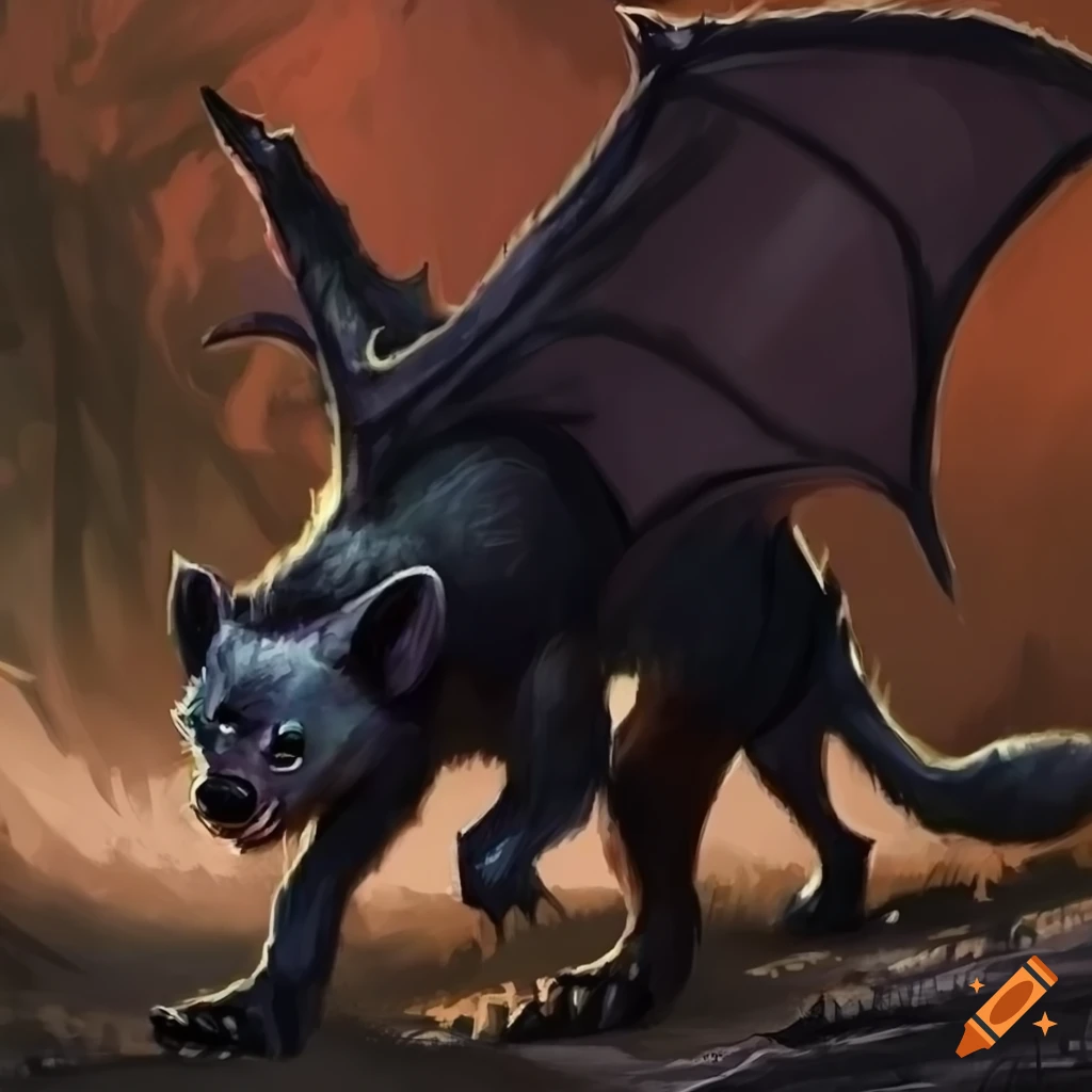 Illustration of a wolf bat hybrid creature on Craiyon