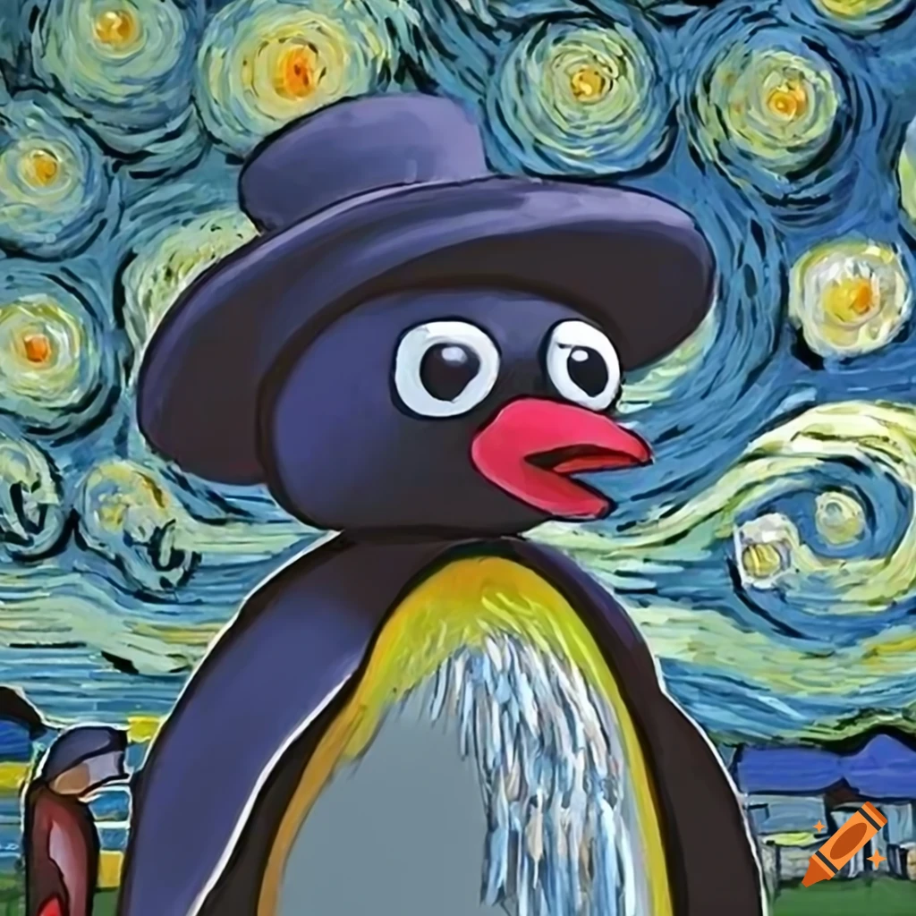 Pingu in "Starry Night" style with bucket hat on Craiyon