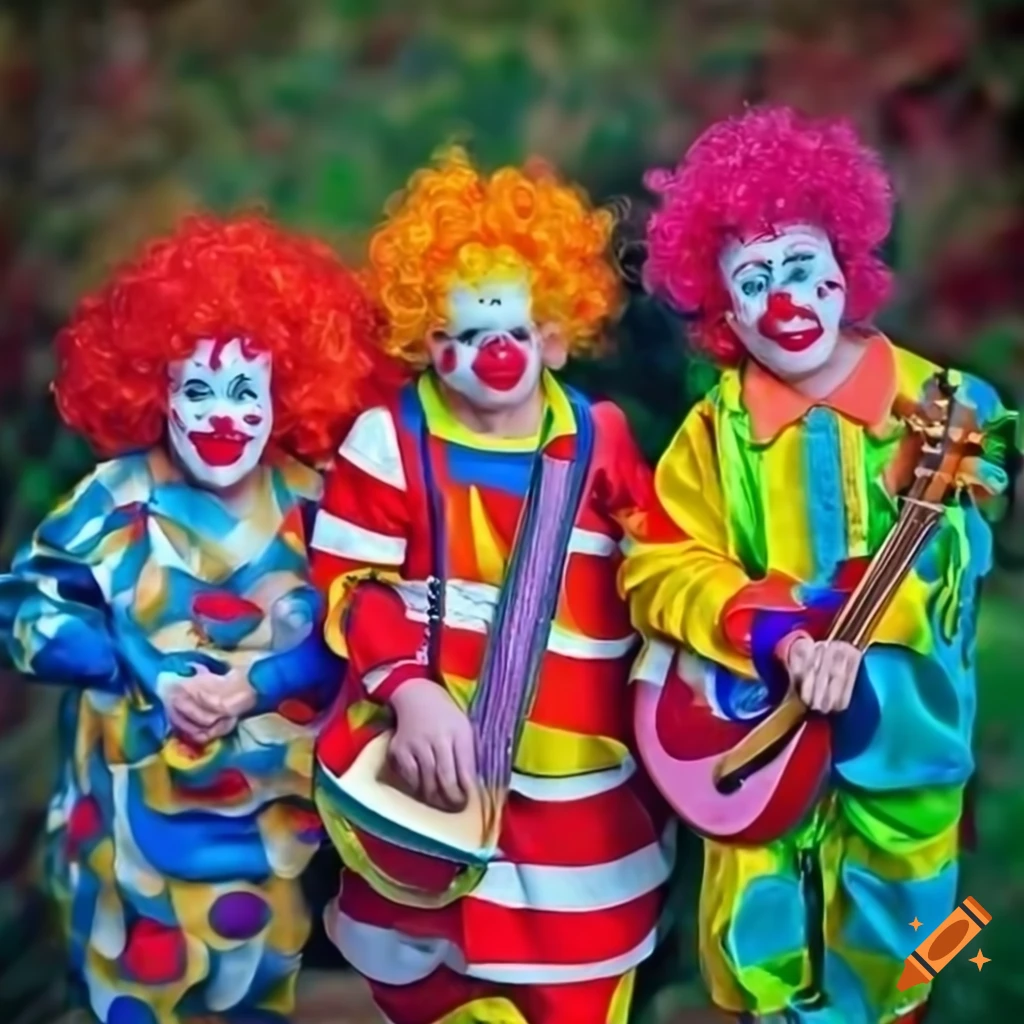 Colorful clowns playing musical instruments on Craiyon