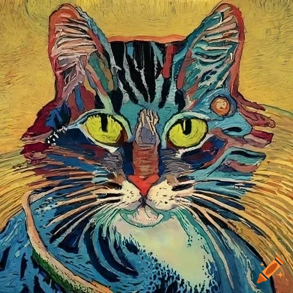 Colorful and artistic depictions of cats in Van Gogh and Hokusai's ...