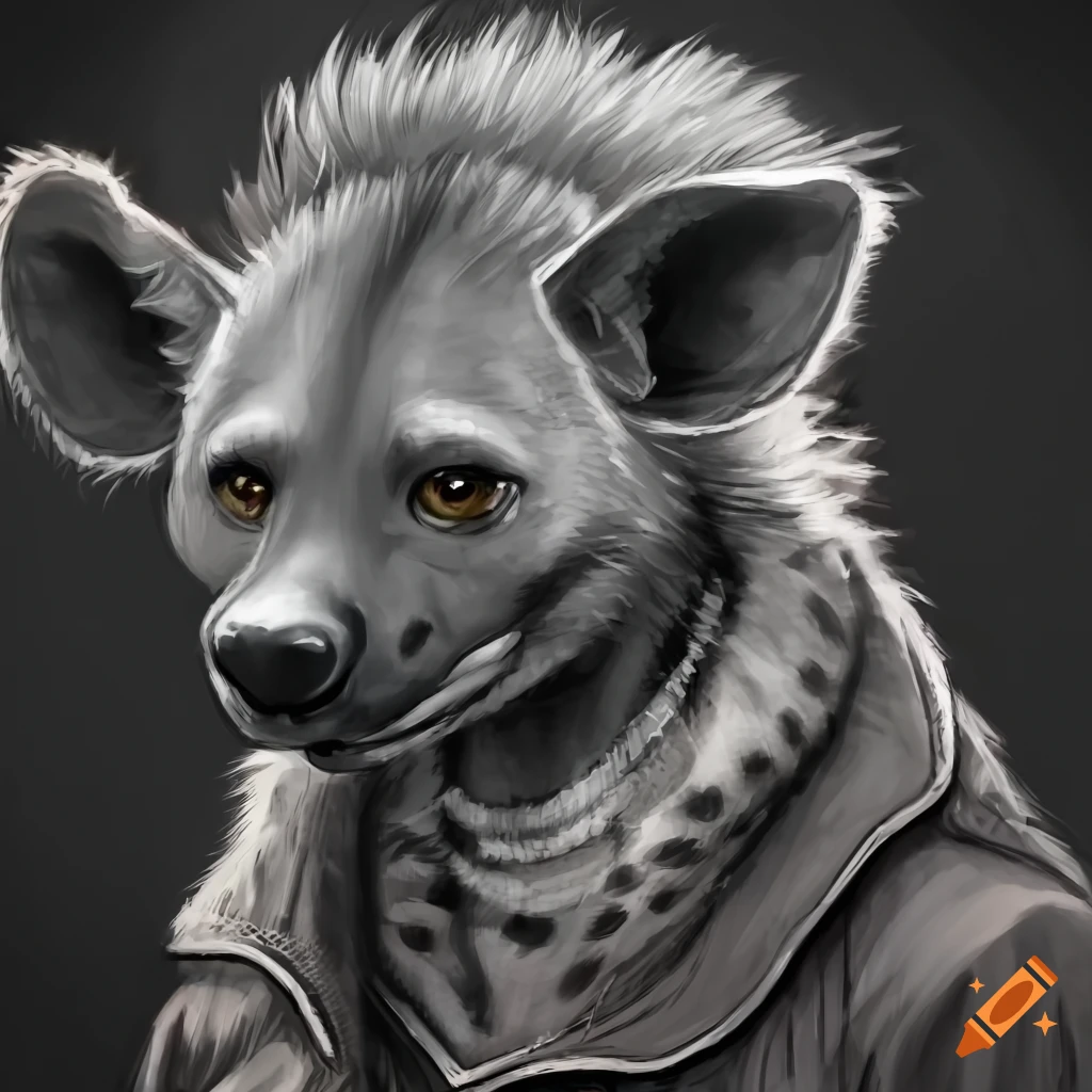Detailed greyscale portrait of a grinning anthro spotted hyena