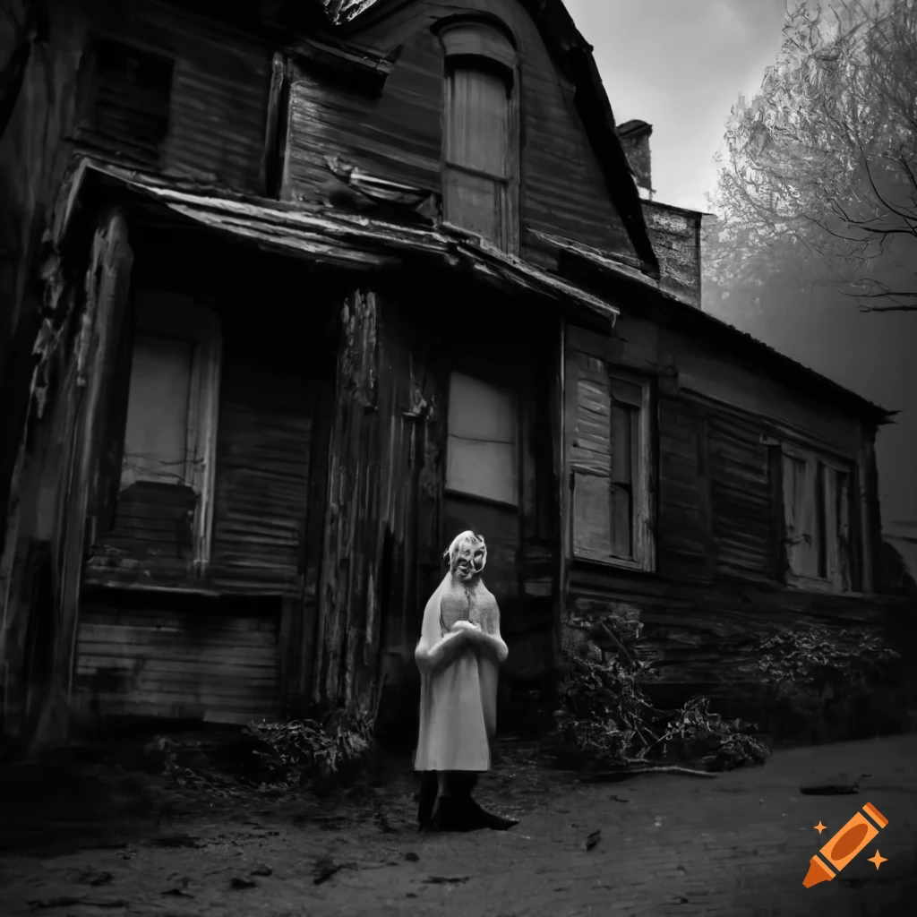 Spooky person in front of an old haunted house on Craiyon