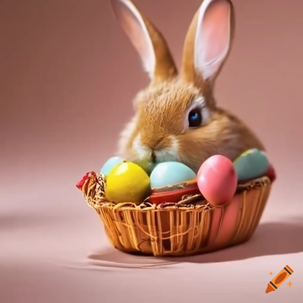 Conejo de pascua con huevos en una canasta on Craiyon
