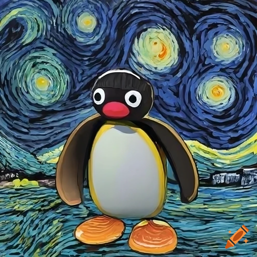 Pingu wearing a bucket hat in Van Gogh's Starry Night style on Craiyon