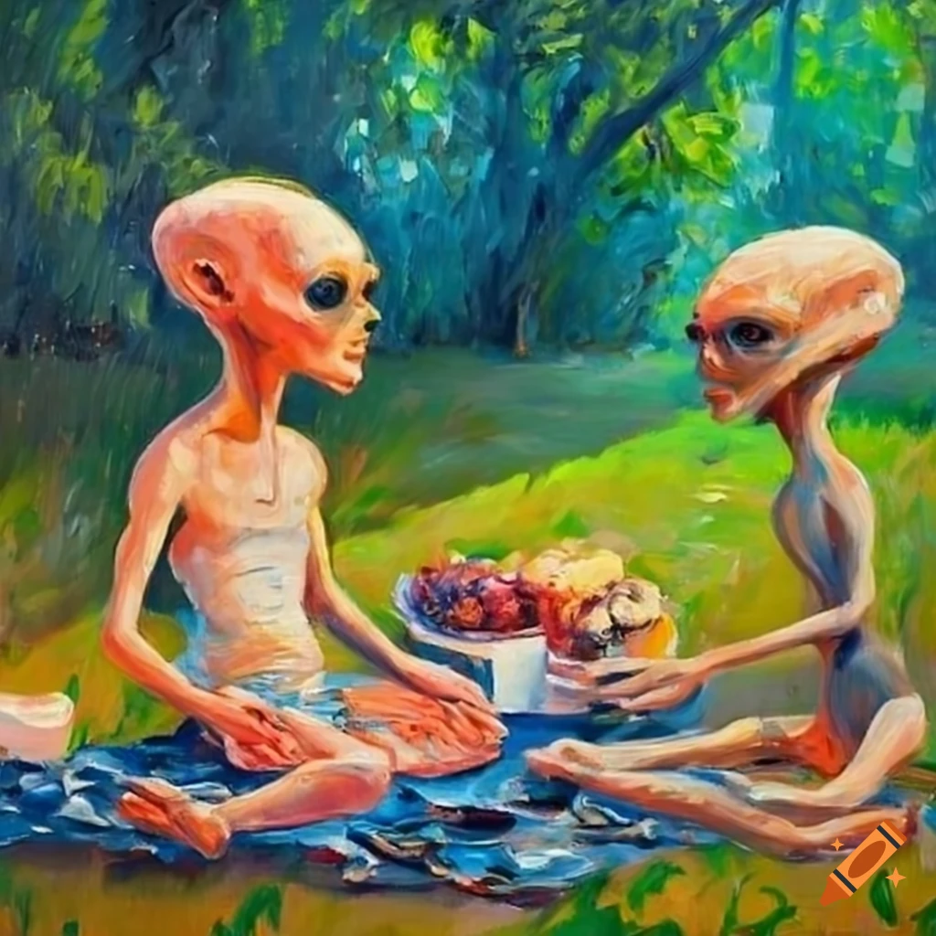 Impressionist painting of alien family picnic on Craiyon