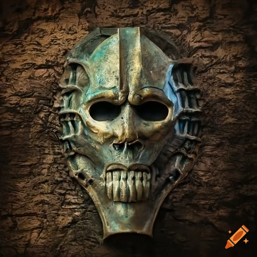 Bronze biomechanical naram sin death mask on ancient arena background