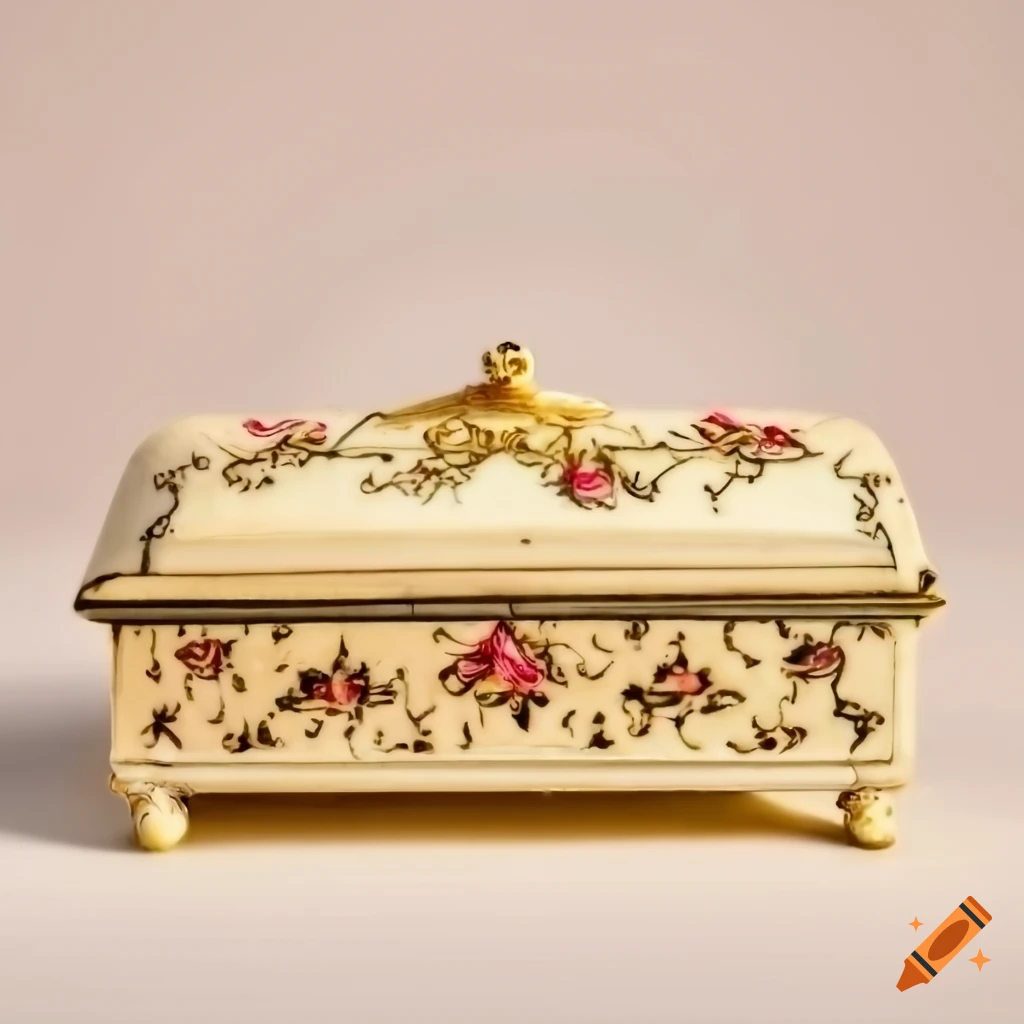 Closeup of an intricately painted ivory jewelry box on Craiyon