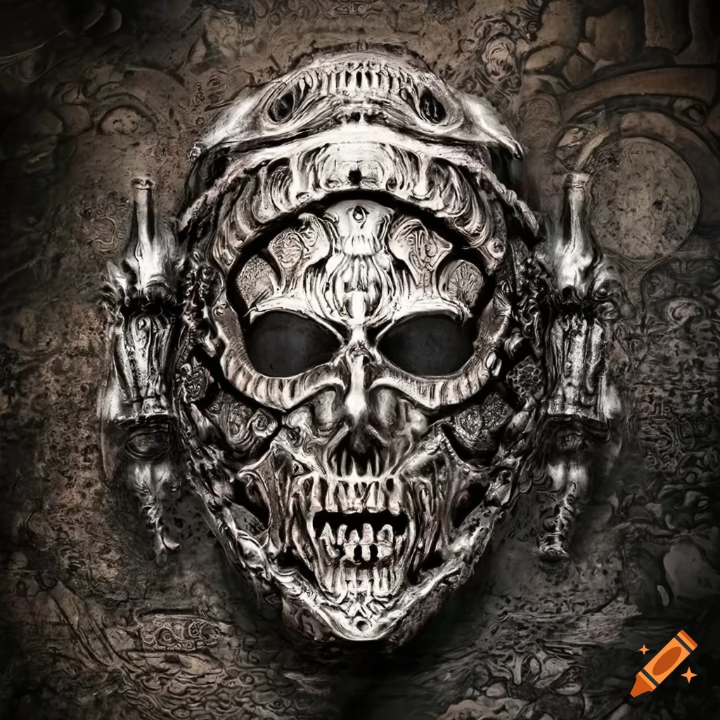 Biomechanical Persian Immortals death mask sculpture on Craiyon