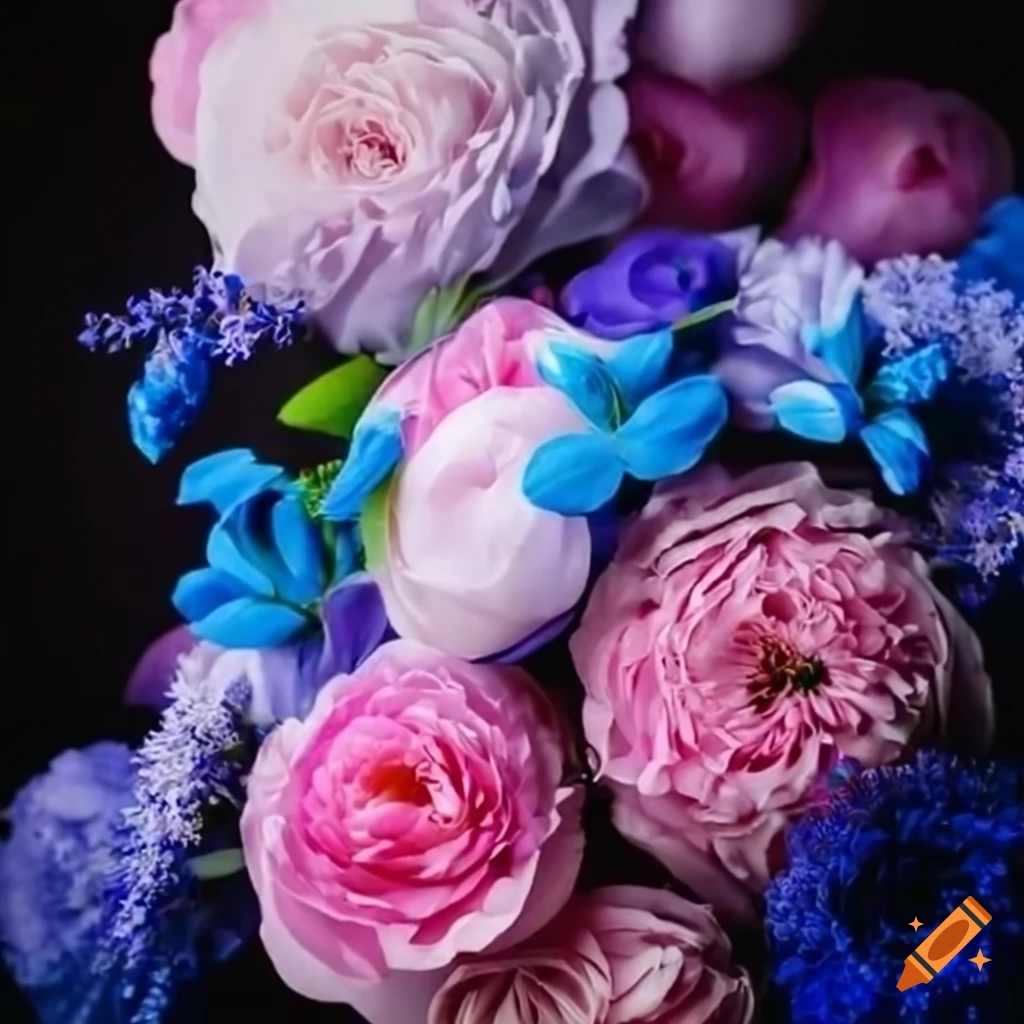 Vibrant arrangement of blue and pink flowers on Craiyon