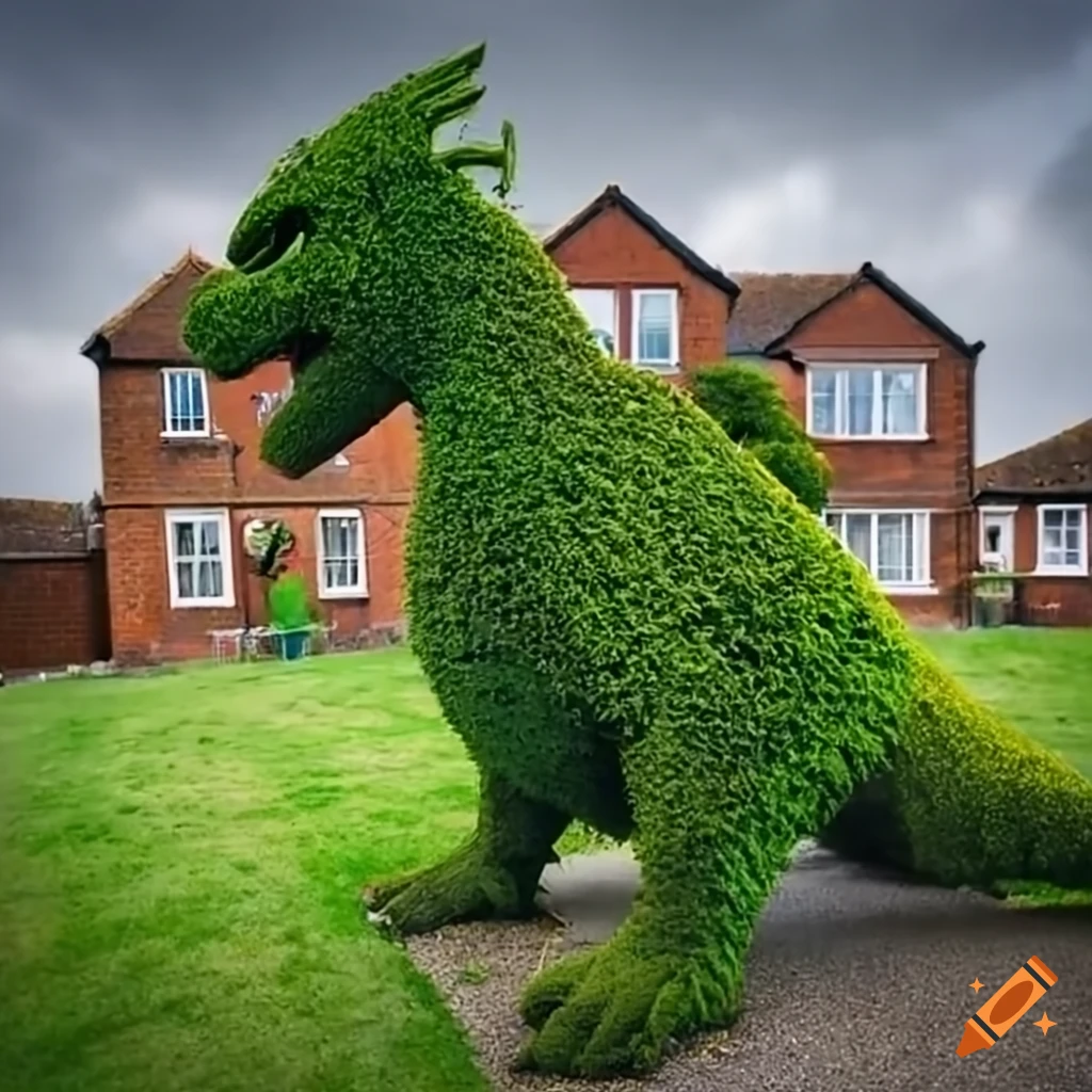 Dragon-shaped topiary in front of a house