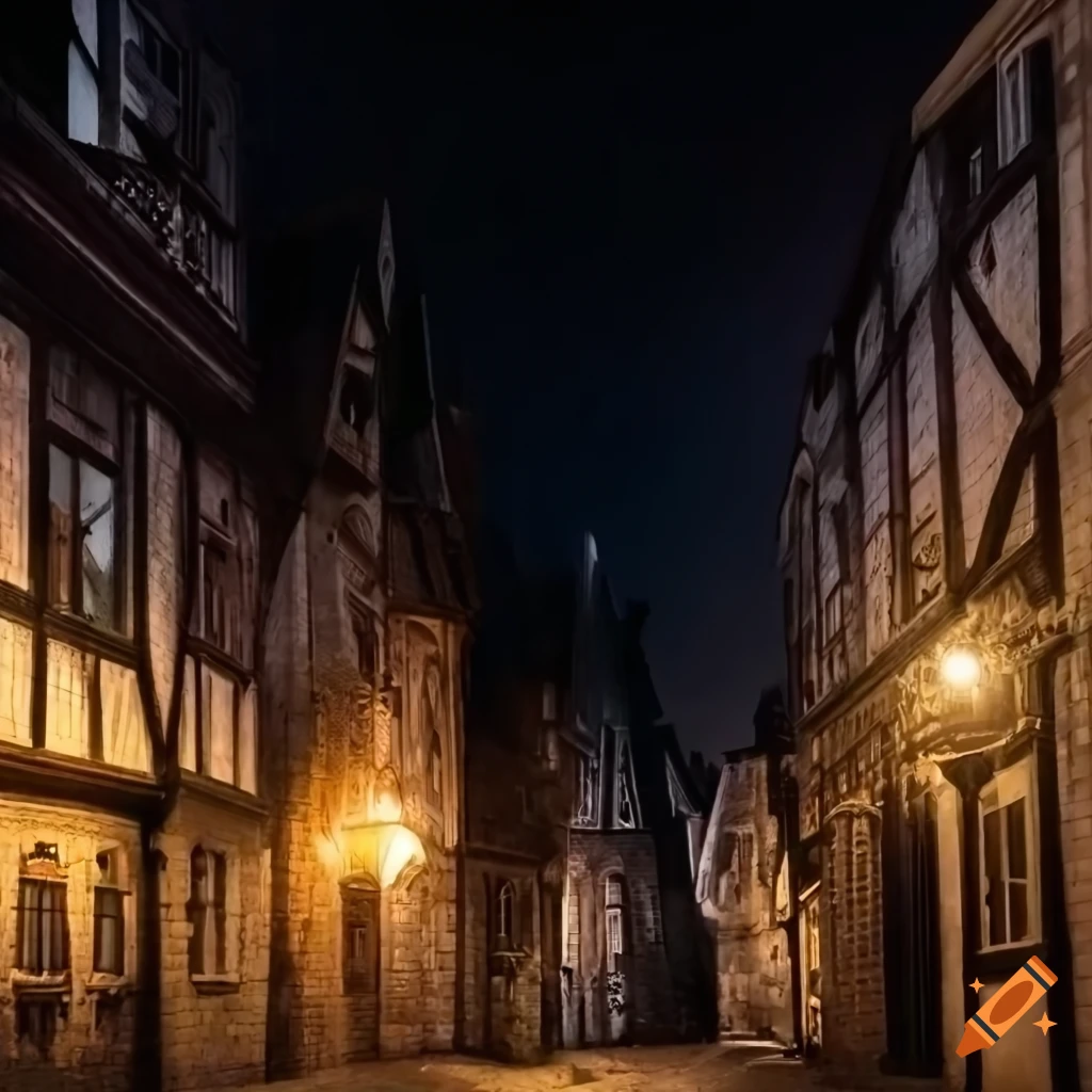 A mysterious medieval city street at night on Craiyon
