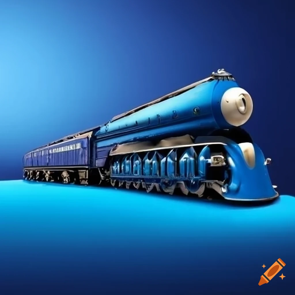 Blue streamlined steam train with 8 wheels