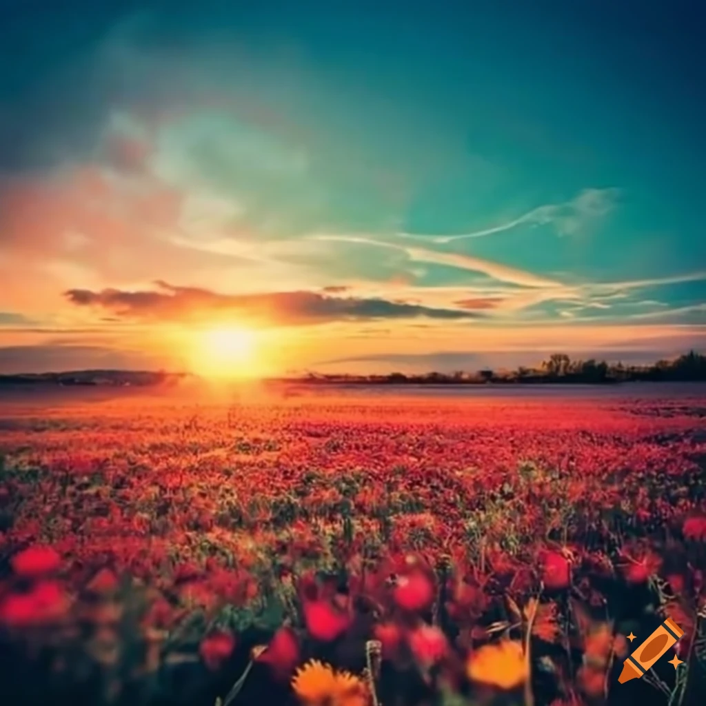 Sunset over a field of flowers on Craiyon