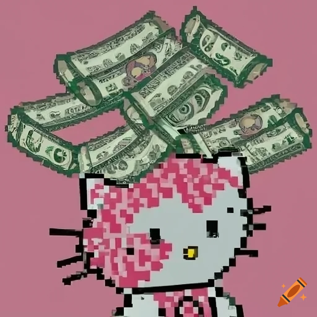 Pixelated hello kitty with money on Craiyon
