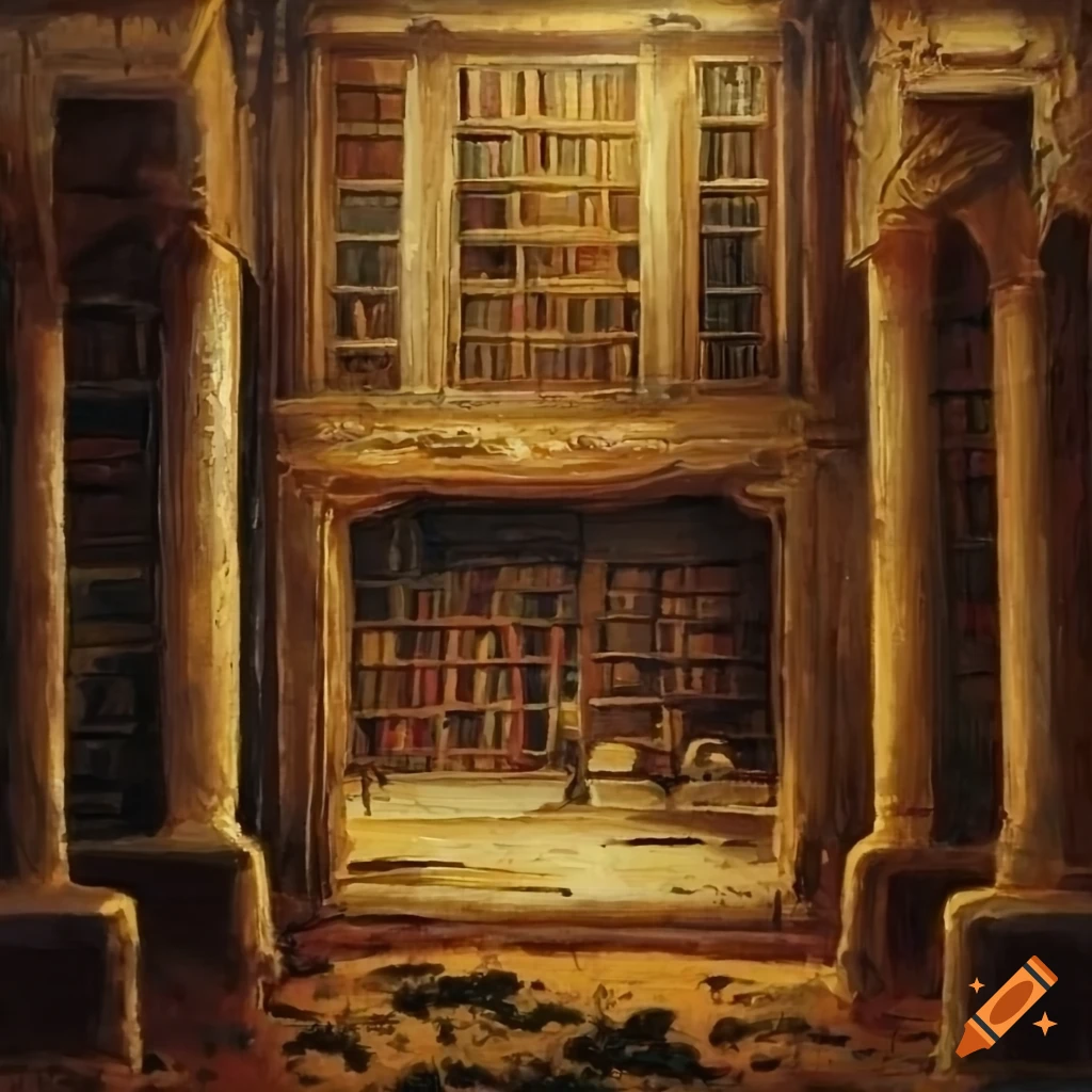 Old painting of a library covered in mud on Craiyon