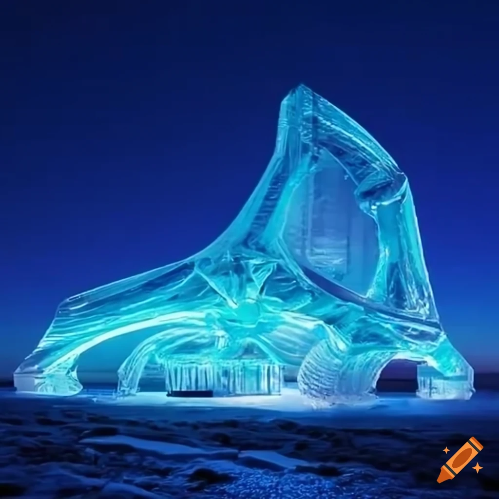 Art installation with clear canopies and neon lights in icy field on ...