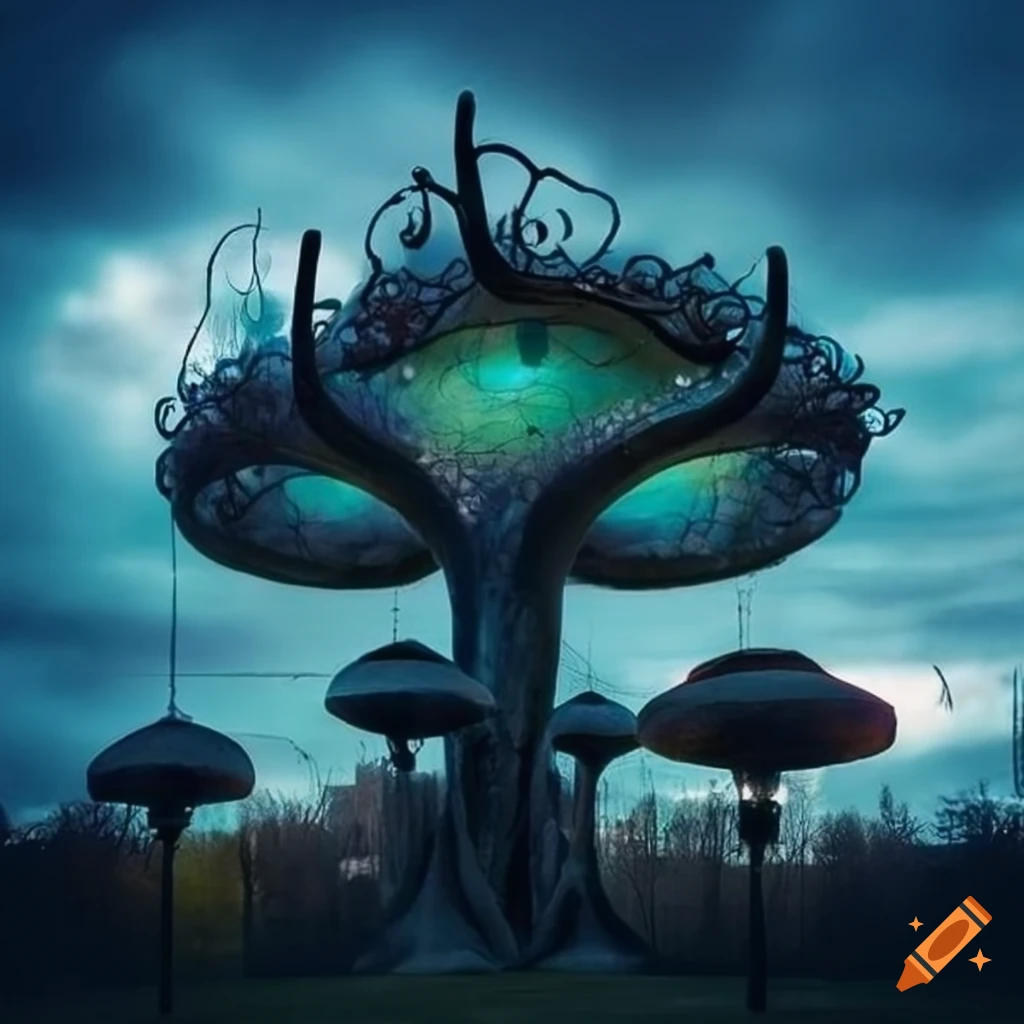 Surrealist park in a futuristic urban city on Craiyon