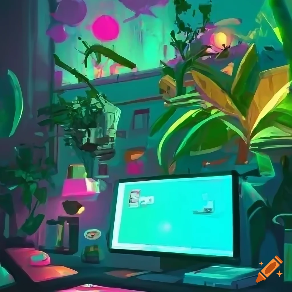 Colorful digital painting of a desk with plants and computer screen on ...