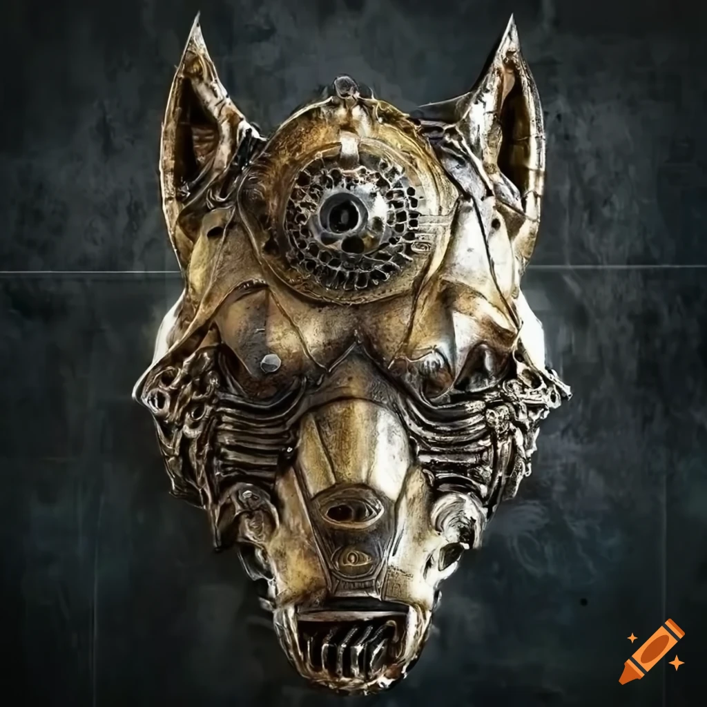 Steampunk-inspired biomechanical wolf mask on industrial backdrop on ...