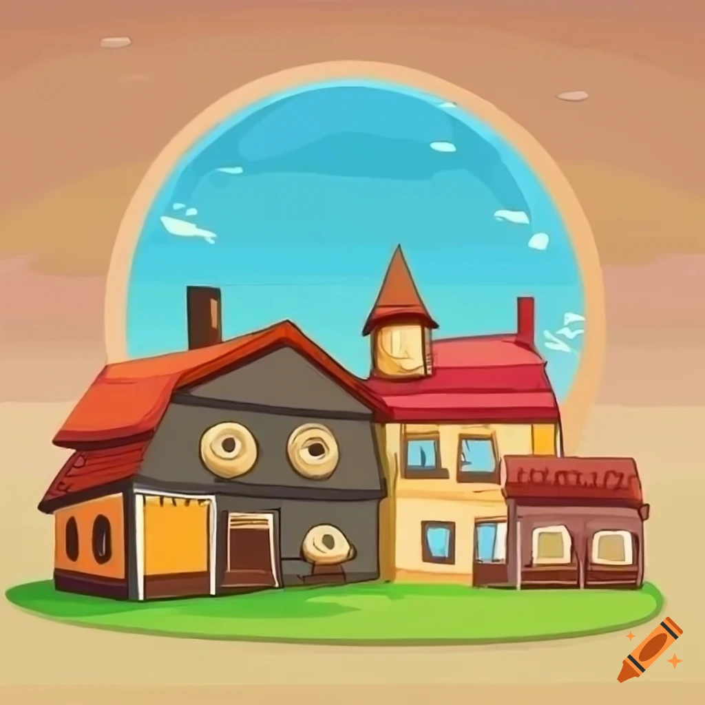 Cartoon village illustration on Craiyon