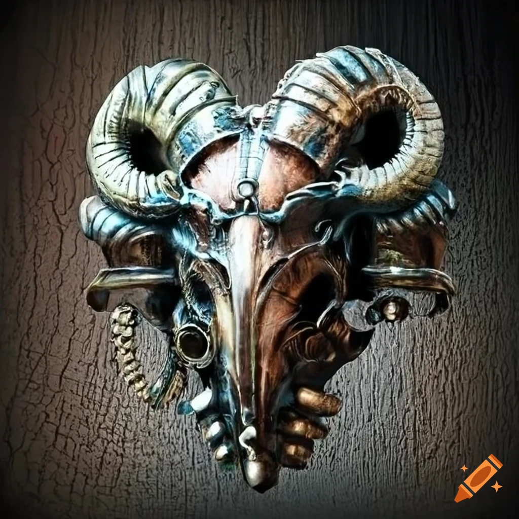 Chrome biomechanical ram steampunk death mask on metal backdrop on Craiyon