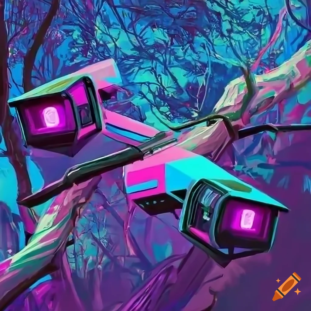 Colorful cyber punk surveillance cctv cameras on Craiyon