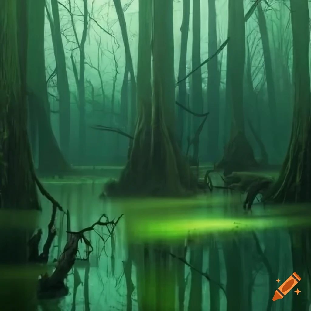 Eerie swamp scene with misty pond and decaying trees on Craiyon