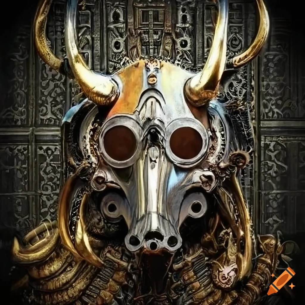 Chrome biomechanical Babirusa steampunk death mask with gold tusks on Craiyon