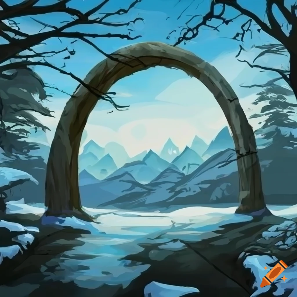 Illustration of a stone ring arch in a snowy forest landscape on Craiyon