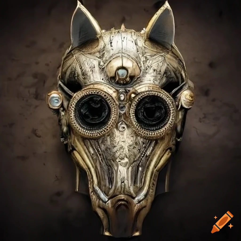Chrome and gold biomechanical Dire Wolf steampunk death mask on Craiyon