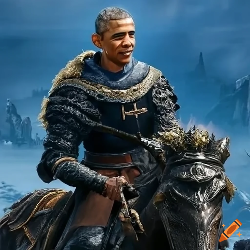 Depiction of barack obama as a powerful boss character in elden ring