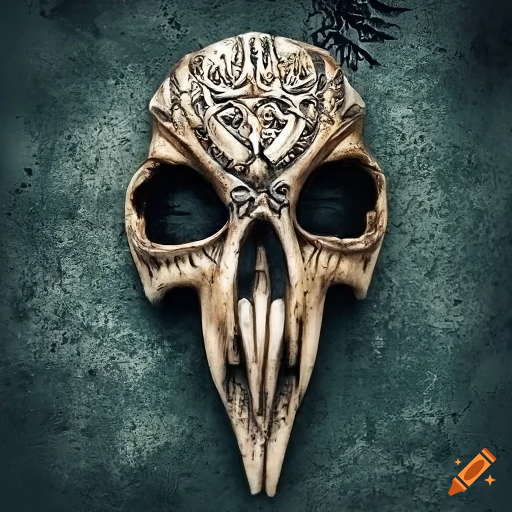 Biomechanical raven skull death mask on raven feathered background