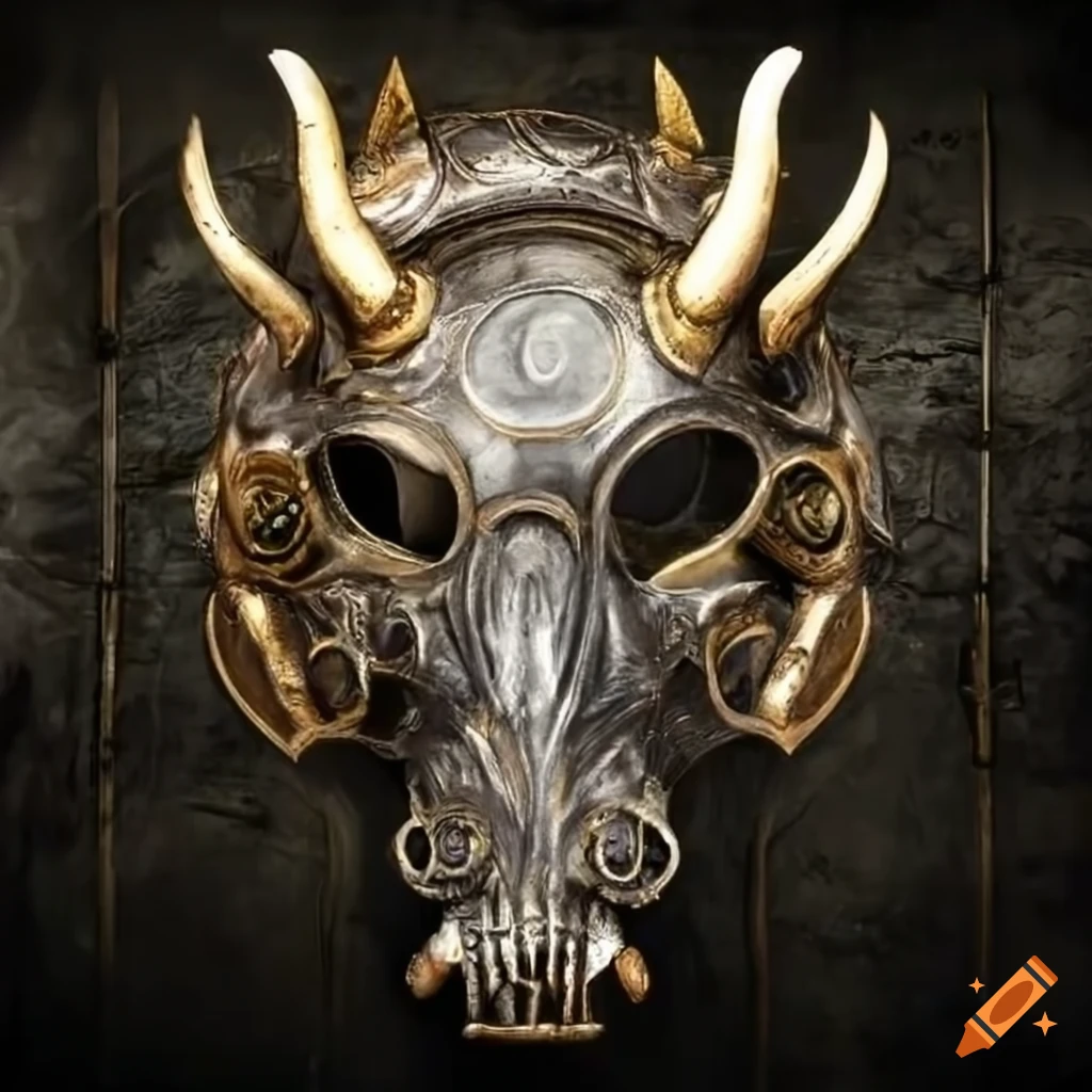 Chrome Babirusa steampunk death mask on metal backdrop on Craiyon