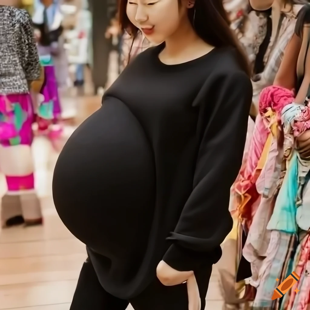 Stylish pregnant woman with a round belly on Craiyon