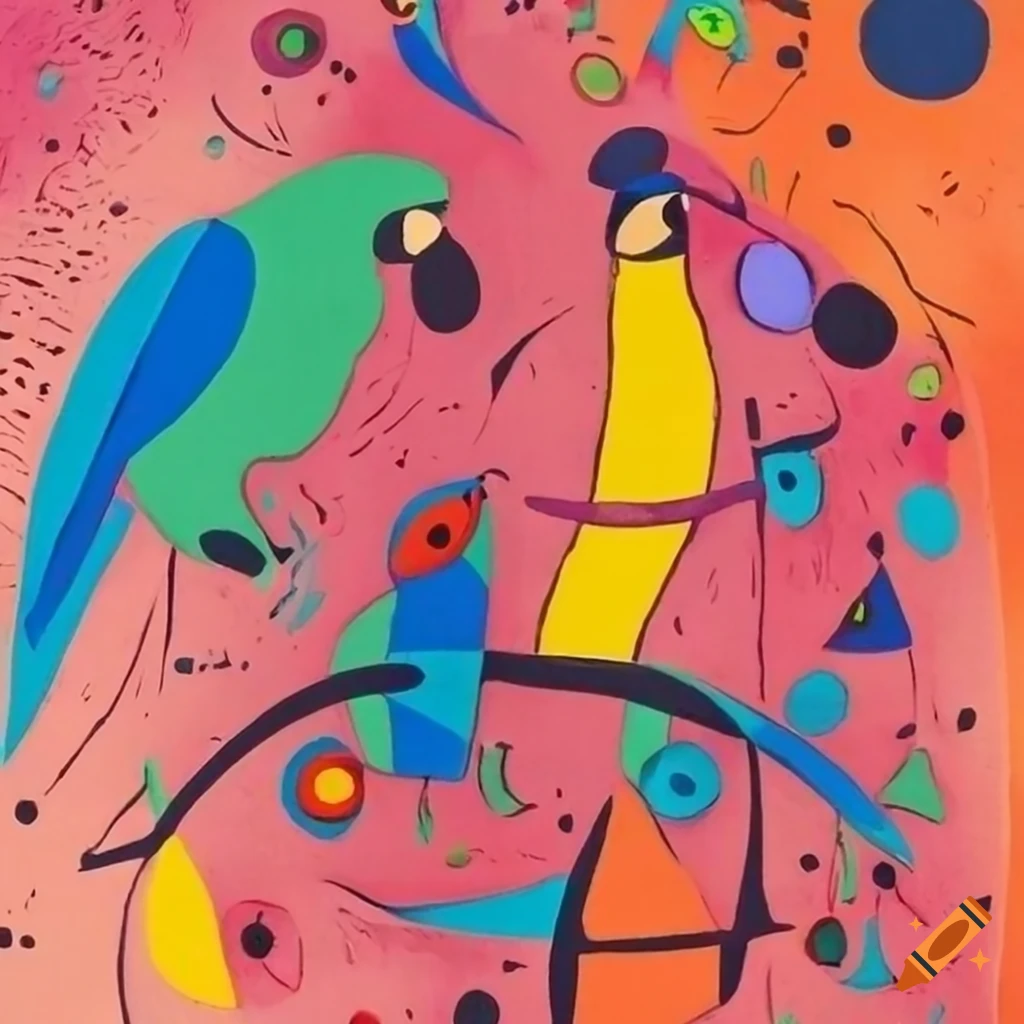 Colorful linocut of parrots in miro style on Craiyon